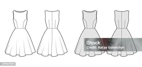 드레스 원형 기술 패션 일러스트와 민소매 오버사이즈 핏 바디 무릎 길이 스커트 플랫 의류 0명에 대한 스톡 벡터 아트 및 기타 이미지 Istock
