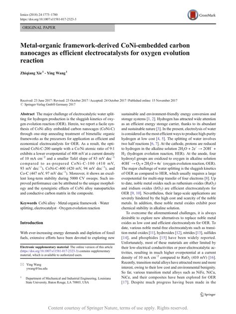 Metal Organic Framework Derived Coni Embedded Carbon Nanocages As Efficient Electrocatalysts For