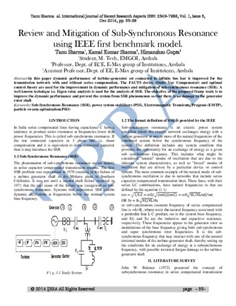 Pdf Review And Mitigation Of Sub Synchronous Resonance Using Ieee First Benchmark Model