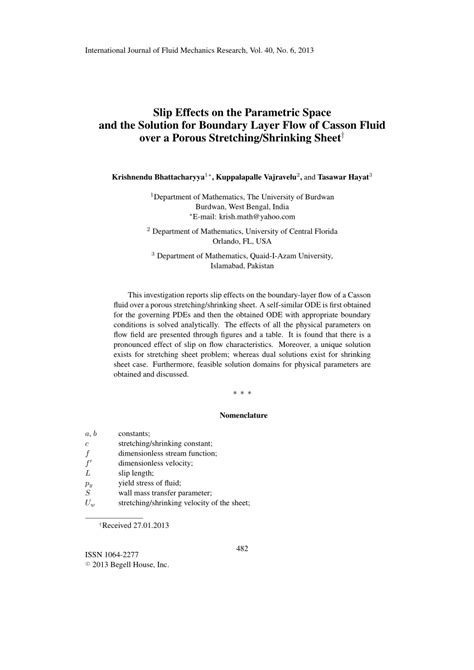 Pdf Slip Effects On The Parametric Space And The Solution For