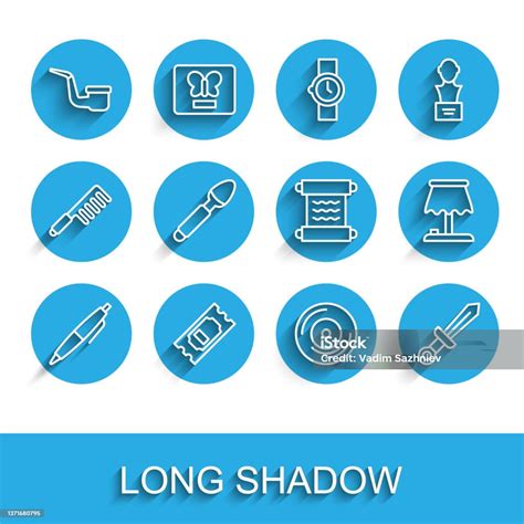 세트 라인 펜 시네마 티켓 흡연 파이프 비닐 디스크 중세 칼 실버 숟가락 테이블 램프와 파피루스 스크롤 아이콘 벡터 교육 강좌에