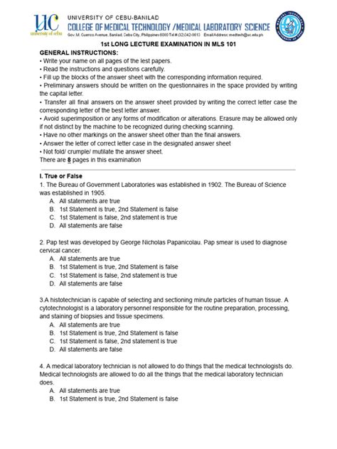 1st Long Lecture Examination In Mls 101 Section C Pdf Pathology Health Sciences