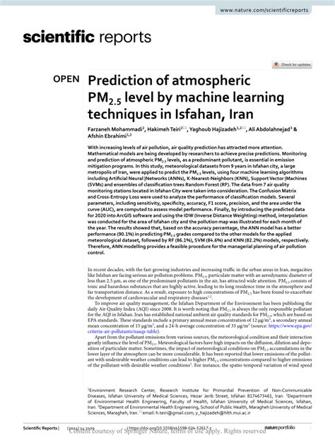 Pdf Prediction Of Atmospheric Pm25 Level By Machine Learning Techniques In Isfahan Iran