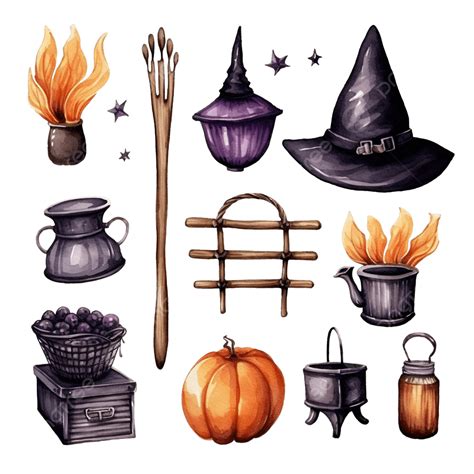 Cute Witch Stuff Set Watercolor Illustration For Halloween Cute