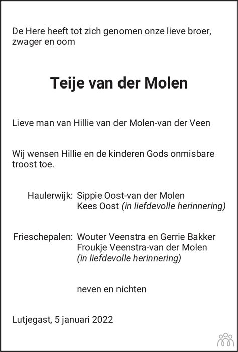 Teije Johannes Van Der Molen 05 01 2022 Overlijdensbericht En