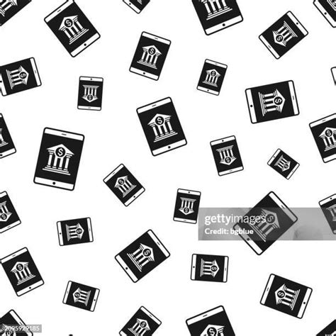 Tablet Pc With Bank Seamless Pattern Icons On White Background High Res