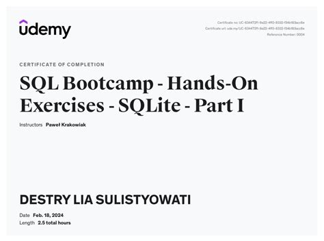Completed Sqlite Course On Udemy Destry Lia Sulistyowati Posted On