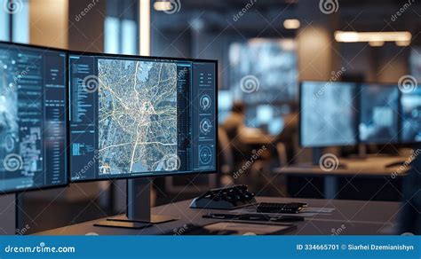 High Tech Control Room With Multiple Monitors Displaying Maps And Data