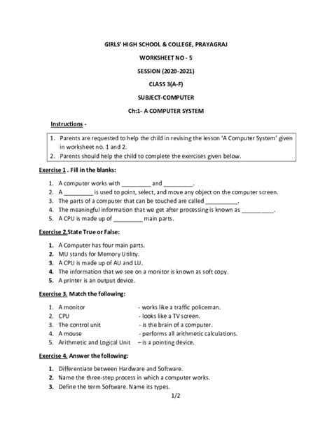 Fillable Online Class 3 Computer Worksheet No 5 Fax Email Print PdfFiller