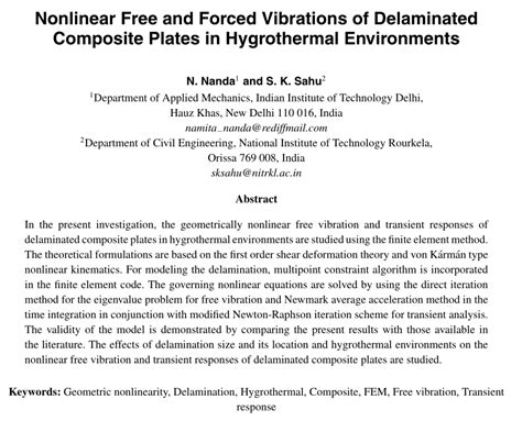 Pdf Nonlinear Free And Forced Vibrations Of Delaminated Composite Plates In Hygrothermal