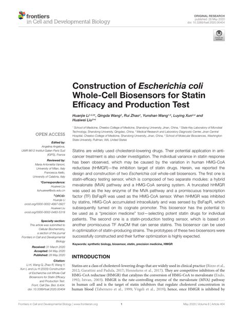 Pdf Construction Of Escherichia Coli Whole Cell Biosensors For Statin