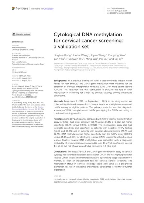 Pdf Cytological Dna Methylation For Cervical Cancer Screening A Validation Set