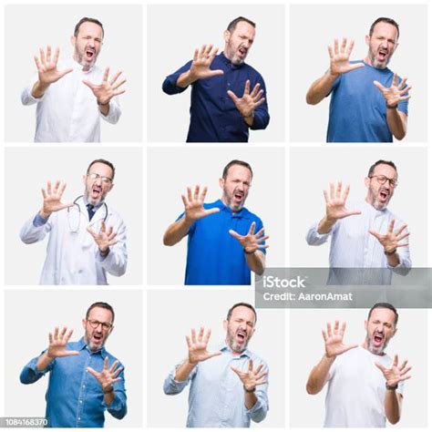 흰색 위에 수석 노인의 우아한 남자의 콜라주 배경 두려워 하 고 충격에 외치고 손으로 공포 식 정지 동작으로 겁에 질 려 고립 공황 개념입니다 개념에 대한 스톡 사진 및