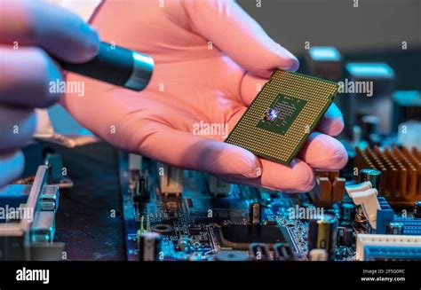 The Engineer S Gloved Hand Is Holding The CPU Chip Against The Background Of The Motherboard