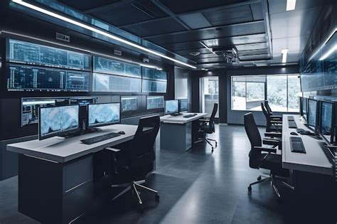 Premium Ai Image Empty Interior Of Big Modern Security System Control Room Workstation With