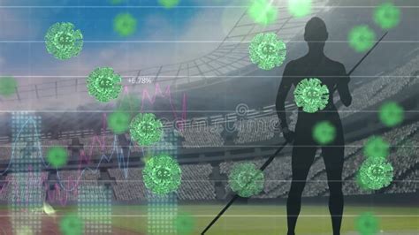 Animation Of Data Processing And Virus Cells Over Sports Stadium Stock