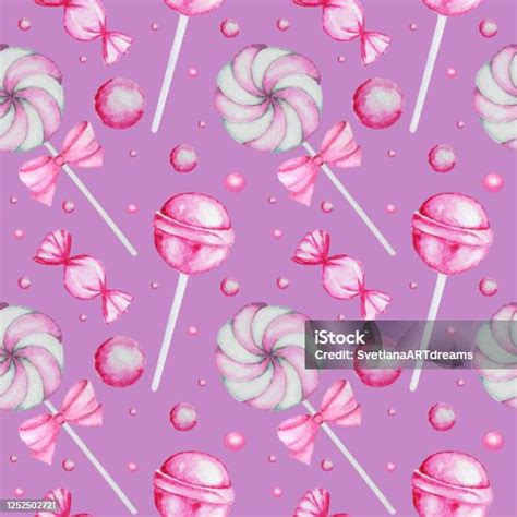 밝은 색상 사탕 과자 원활한 패턴 수채화 손으로 그린 사탕 롤리팝스 일러스트 핑크 배경 패브릭 텍스처 스크랩북 페이퍼 디자인 가지 식물 부위에 대한 스톡 벡터 아트 및 기타