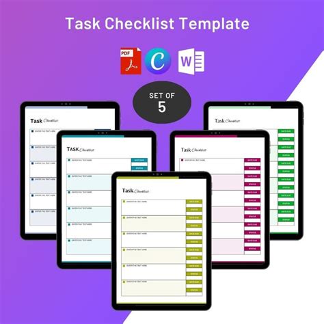 The Task Checklist Template Is Displayed On Three Tablets With Different Tasks In Front Of Them