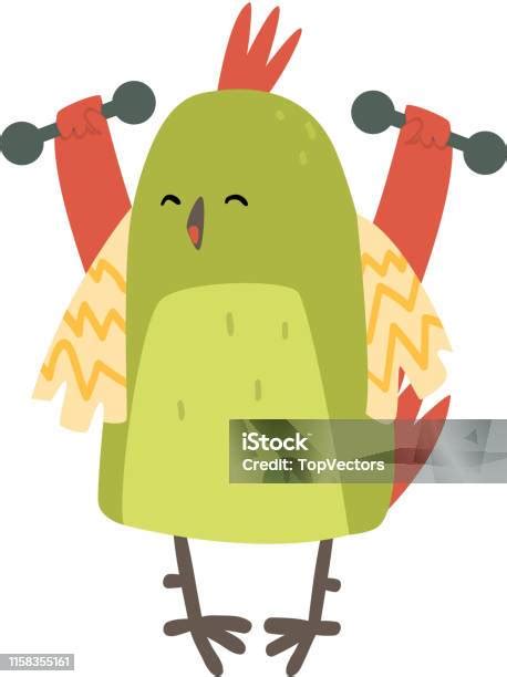 아령 재미 선수 버디 만화 캐릭터와 함께 운동하는 귀여운 새 밝은 녹색 깃털 벡터 일러스트 귀여운에 대한 스톡 벡터 아트 및