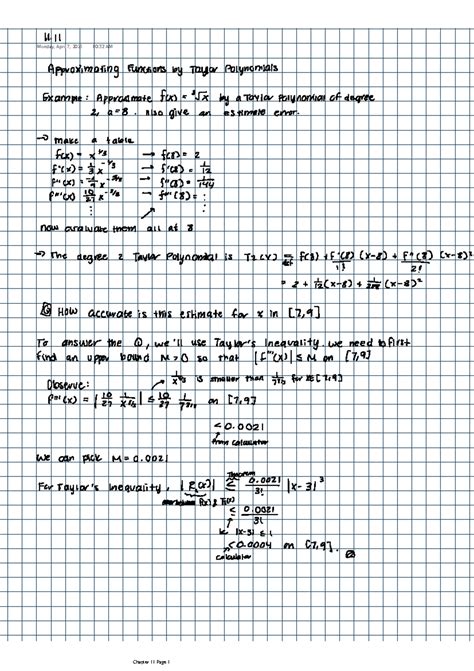 Taylor Series Notes For Approximating Functions And Error Estimation