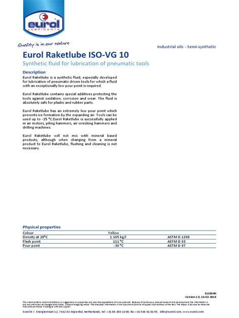 Eurol Raketlube ISO-VG 10: Synthetic Fluid For Lubrication of Pneumatic ...