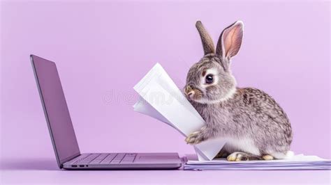 Cute Rabbit Organizing Paperwork On A Laptop Stock Illustration Illustration Of Cute Adorable