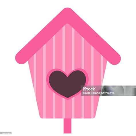 하트 모양 창 만화 플랫 스타일로 귀여운 일러스트가있는 핑크 버드 하우스 봄 컨셉 나무 조류 피더 새의 날 자연 보호 나무와 손톱으로 만든 공예품 가정 생활에 대한 스톡