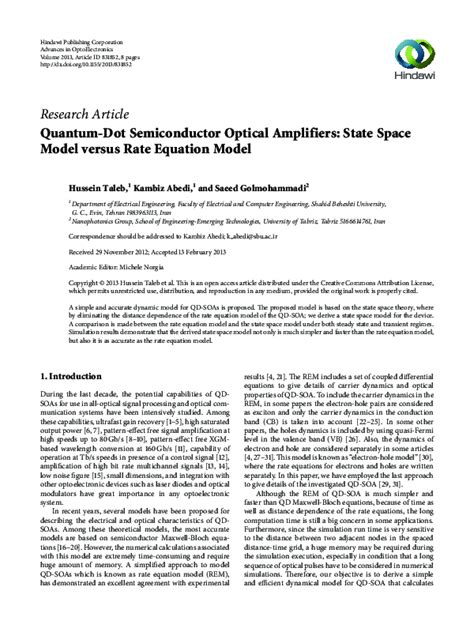 Pdf Quantum Dot Semiconductor Optical Amplifiers State Space Model Versus Rate Equation Model