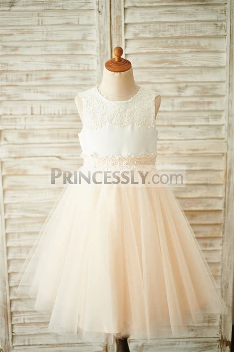 Ivory Lace Satin Champagne Tulle Sheer Back Wedding Flower Girl Dress