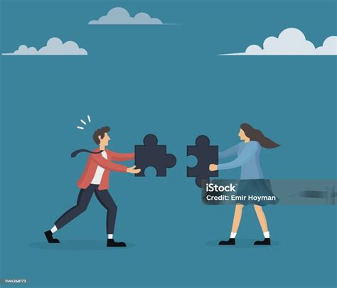 팀워크 팀 빌딩 개념입니다 사람 비즈니스 그룹 퍼즐 조각을 맞추는 두 명의 동료 편집 가능한 벡터입니다 개념에 대한 스톡 벡터