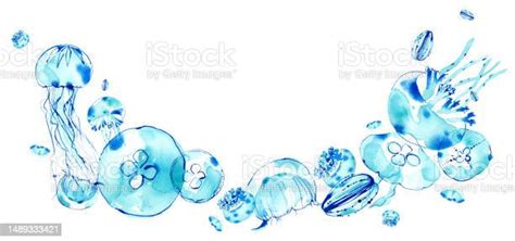 멋진 해파리의 수채화 그림이 있는 프레임 장식 바다의 이미지입니다 느슨한 터치 0명에 대한 스톡 벡터 아트 및 기타 이미지 0명 굽은 귀여운 Istock