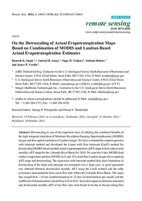 Pdf On The Downscaling Of Actual Evapotranspiration Maps Based On Combination Of Modis And