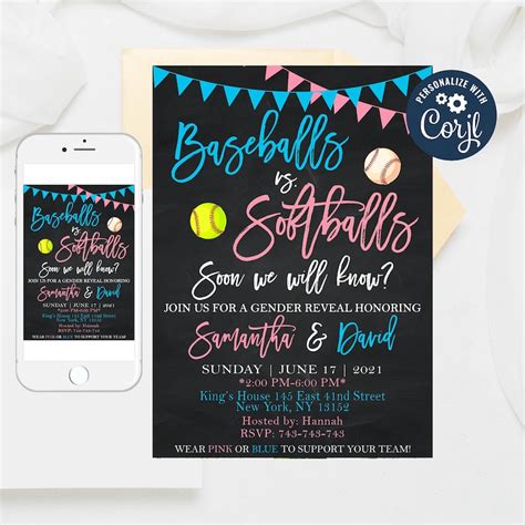Baseball Vs Softball Gender Reveal Invitation Editable Ticket Evite Etsy