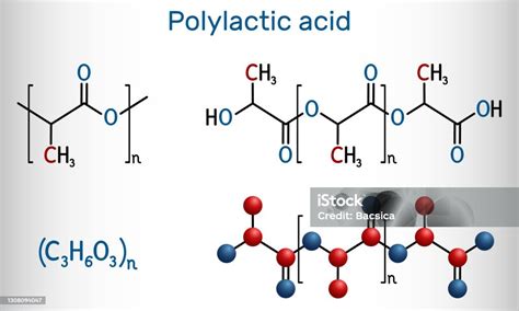 폴리락산 폴리락티드 Pla 분자 그것은 폴리머 바이오 플라스틱 열가소성 폴리 에스테르입니다 구조 화학 포뮬러 및 분자 모델 산성에 대한 스톡 벡터 아트 및 기타 이미지