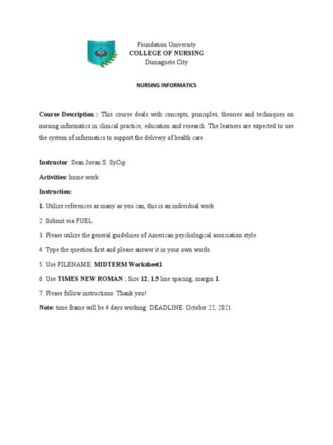 Nursing Informatics Worksheet 1 Midterm Pdf
