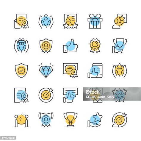 업적 라인 아이콘 수상 아이콘의 집합입니다 검정 파랑 및 노랑 색상 현대적인 선형 윤곽선 그래픽 디자인 벡터 선 아이콘 세트 1에 대한 스톡 벡터 아트 및 기타 이미지