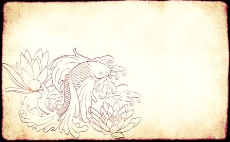 비단잉어 물고기와 연꽃이 있는 배경 복고풍 종이의 그런 지 질감 일본 잉어와 수련으로 동양 스타일의 에칭이 있는 수평 복고풍 배너 텍스트 공간 복사 거친에 대한 스톡 사진