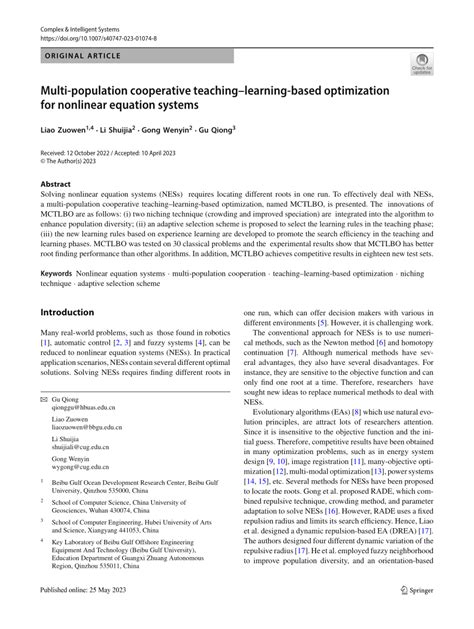 Pdf Multi Population Cooperative Teachinglearning Based Optimization For Nonlinear Equation