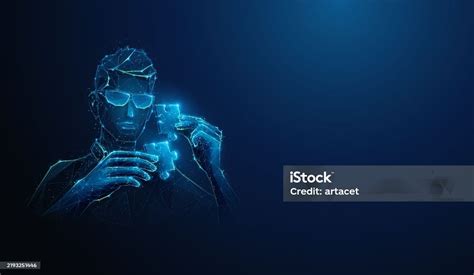 낮은 Poly 사업가의 추상적인 그림 조립 직소 퍼즐 혁신 문제 해결 및 비즈니스 전략 개발 개념을 묘사하는 파란색 기하학적 배경 와이어프레임 메쉬로 개발에 대한 스톡 벡터