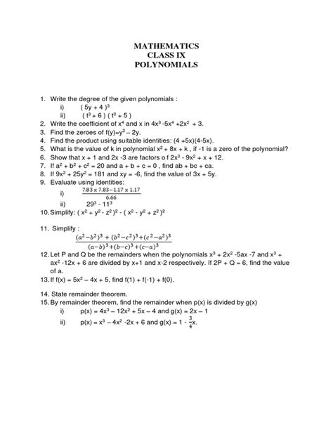 Class 9th Polynomial Assignment Pdf Factorization Polynomial