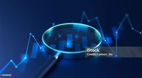 돋보기 금융 데이터 보고서 그래프 성장 마케팅 투자 회계 차트 또는 성공 계획 경제 기술 돈 다이어그램 개념의 3d 배경에 대한 비즈니스 재무 분석 전략 돋보기 광학 기기에