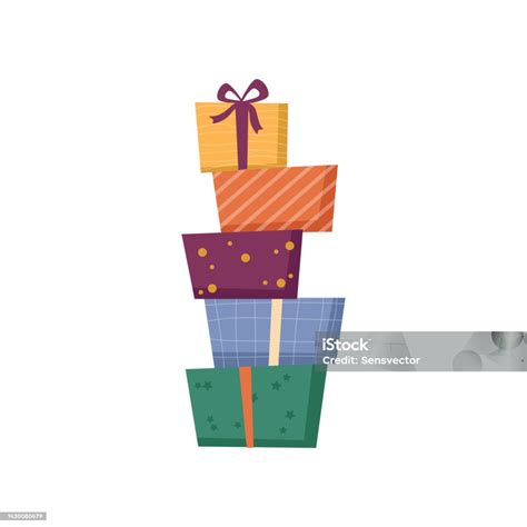 휴일 축하 또는 축하를위한 선물 및 선물 포장지와 장식용 리본 활이있는 상자 더미 플랫 만화 스타일의 벡터 계절에 대한 스톡 벡터 아트 및 기타 이미지 Istock