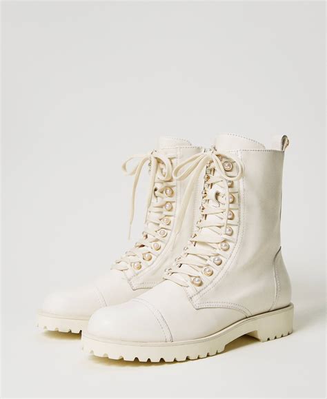 Leather Combat Boots With Pearls Woman White Twinset Milano