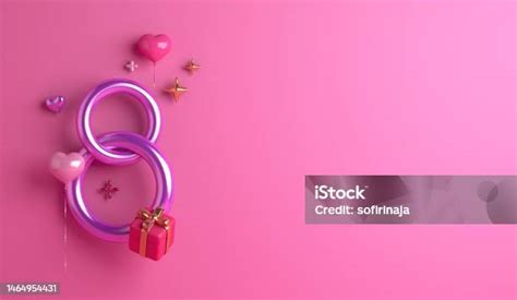 8개의 숫자 선물 상자 하트 모양의 풍선 복사 공간 텍스트 3d 렌더링 그림이 있는 세계 여성의 날 개념 International Womens Day에 대한 스톡 사진 및
