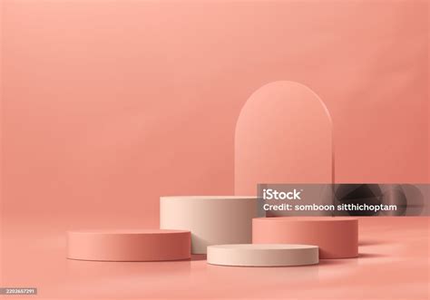 아치 배경이 있는 산호 레드 3d 원통형 시상대 배경 스튜디오 벽 장면 미니멀리스트 모형 받침대 추상적인 대 제품 전시 프리젠테이션 쇼케이스를 위한 무대 벡터 플랫폼 디자인