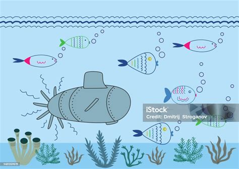 잠수함 수중 개념 물고기 산호 해초 화려한 푸른 바다 풍경이 있는 해양 생물 0명에 대한 스톡 벡터 아트 및 기타 이미지 0
