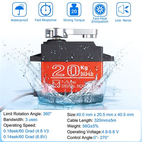 Miuzei 20kg Servo Motor High Torque Rc Servo Metal Gear Waterproof For 1 8