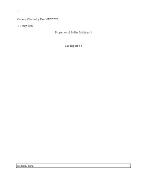 Properties Of Buffer Solutions 1 Results Data General Chemistry Two SCC 11 May Properties