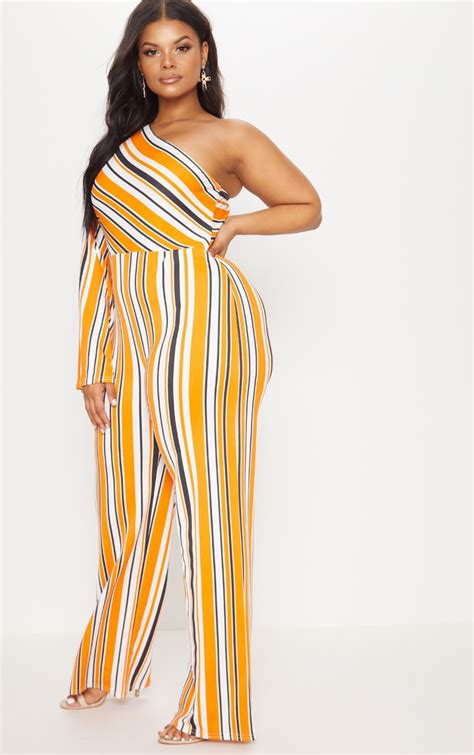 Plus Orange Striped One Shoulder Jumpsuit Prettylittlething
