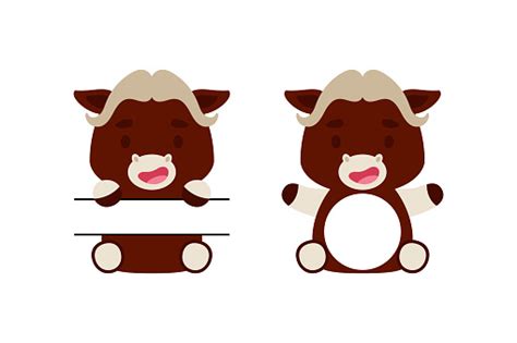 귀여운 작은 사향 황소 분할 모노그램 아이들 티셔츠 보육원 장식 베이비 샤워 인사말 카드 초대장 스크랩북 가정 장식을위한 재미있는 만화 캐릭터 벡터 스톡 일러스트레이션 0